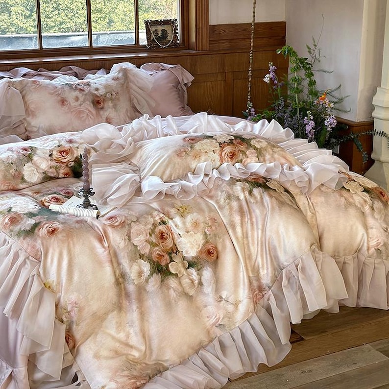 Blush Pink Rose Print A8 Bedding Set: Ruffled Lyocell Cotton, Vintage ...