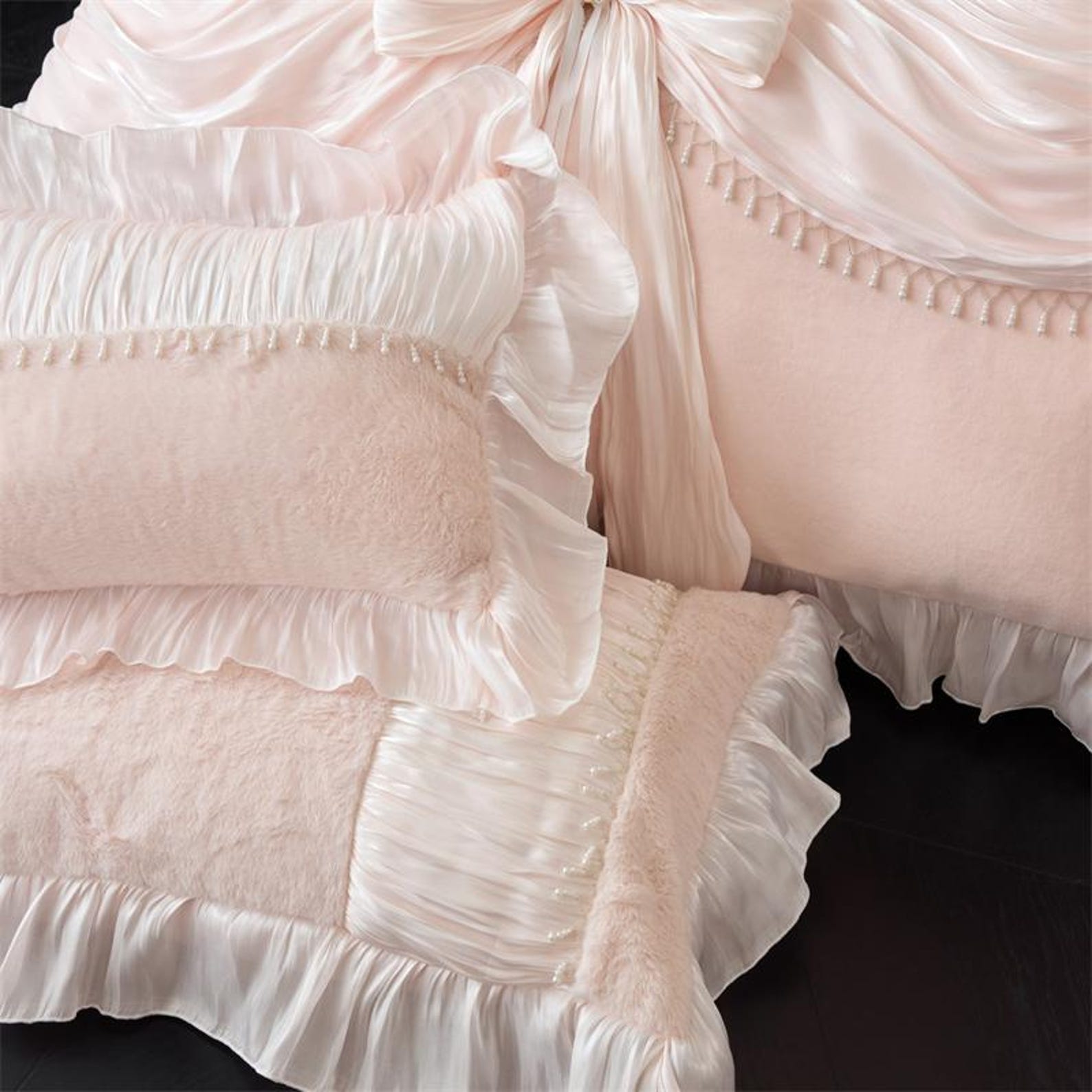 Luxury Ivory Bow Velvet Bedding Set A259 Elegant Draped Ruffle Duvet ...
