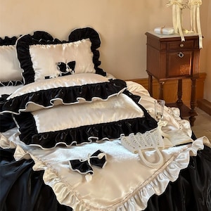 Gothic Coquette Cotton Bedding Set A29 Black Ruffle Bow Duvet Cover ...