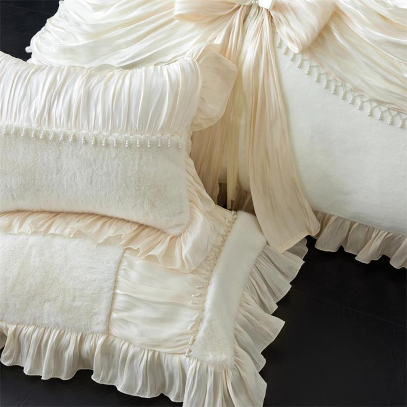 Luxury Ivory Bow Velvet Bedding Set A259 Elegant Draped Ruffle Duvet ...
