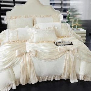 Luxury Ivory Bow Velvet Bedding Set A259 Elegant Draped Ruffle Duvet ...