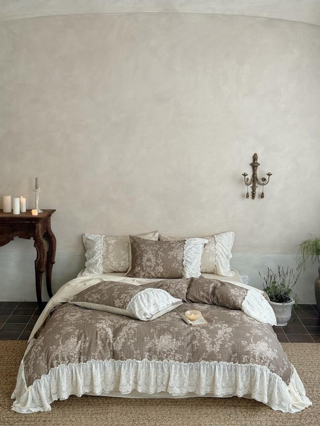 Vintage French Ruffle Cotton Duvet Cover A84 Brown Floral Bedding Set ...
