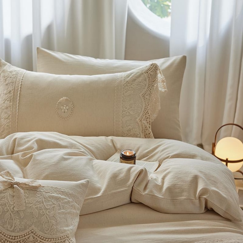 Lace Linen Duvet Cover Set: Cream A47 Vintage Embroidered Bedding - Etsy