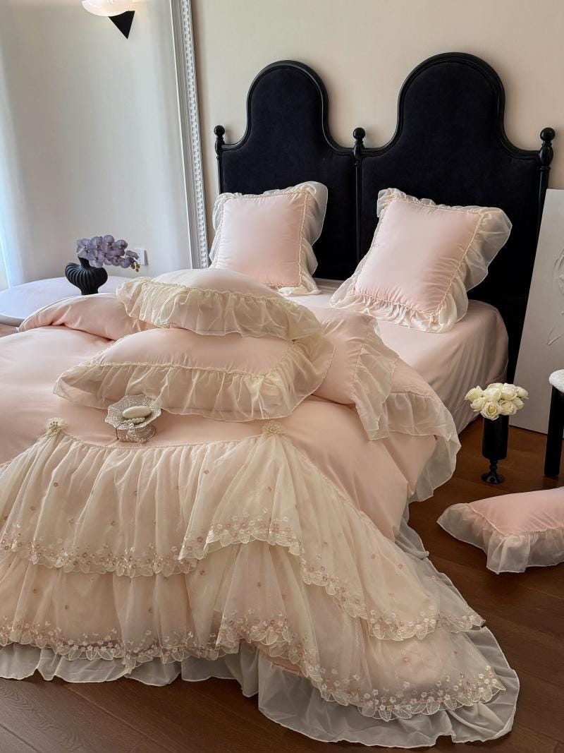 Princess Pink Ruffle Lace Polyester Bedding Set A224 Romantic Vintage ...
