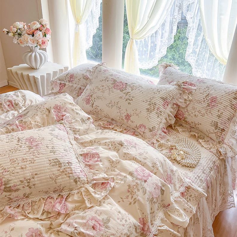 Shabby Chic Floral Cotton Bedskirt Bedding Set A85 Ruffled Pink Rose ...