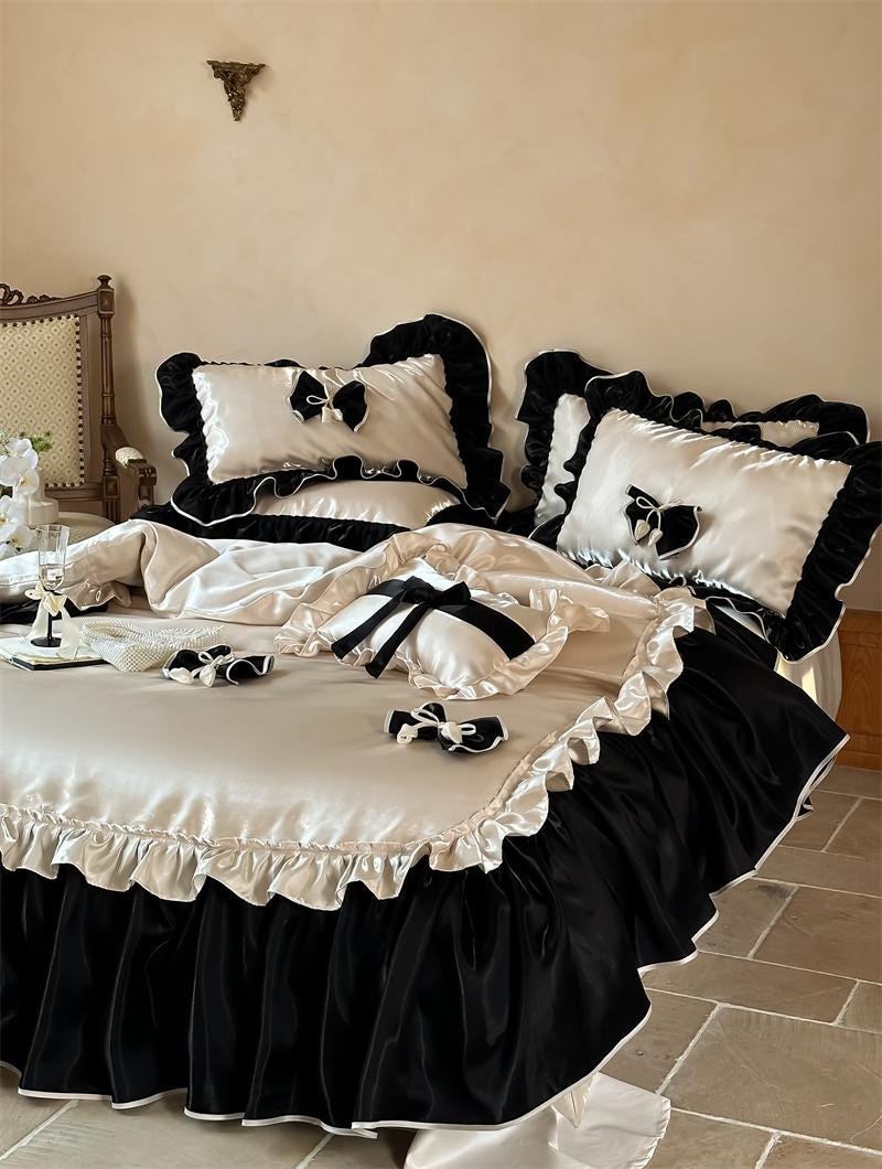 Gothic Coquette Cotton Bedding Set A29 Black Ruffle Bow Duvet Cover ...