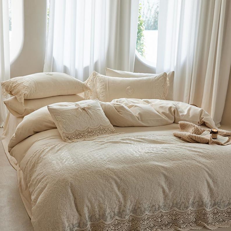 Lace Linen Duvet Cover Set: Cream A47 Vintage Embroidered Bedding - Etsy