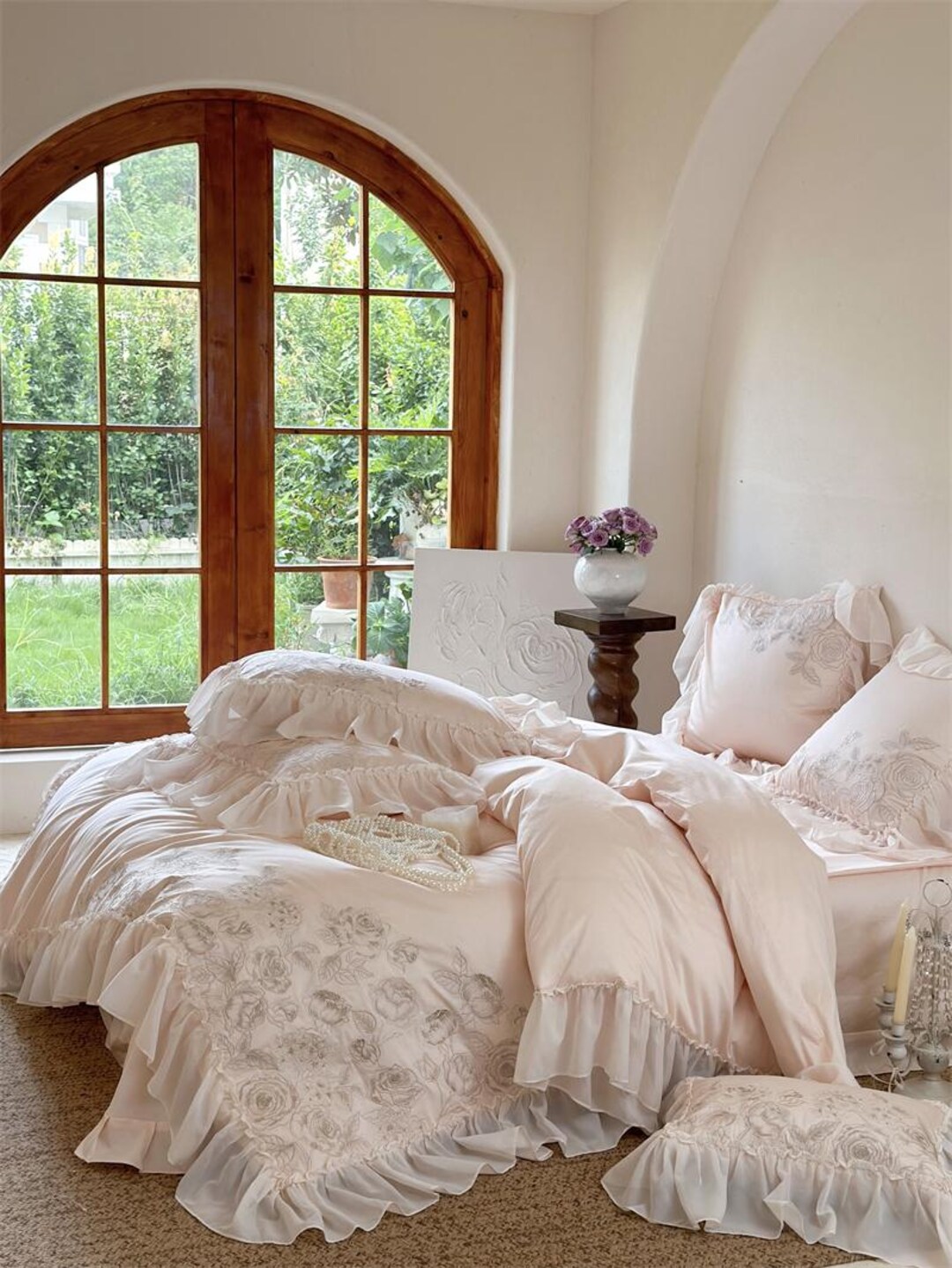 Blush Pink Ruffle Floral Vintage Bedding Set: Egyptian Cotton 1000TC ...