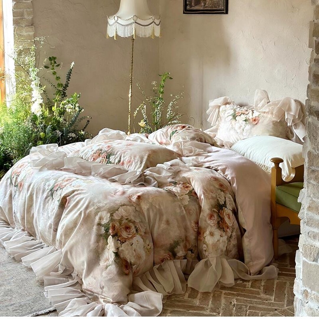 Blush Pink Rose Print A8 Bedding Set: Ruffled Lyocell Cotton, Vintage ...