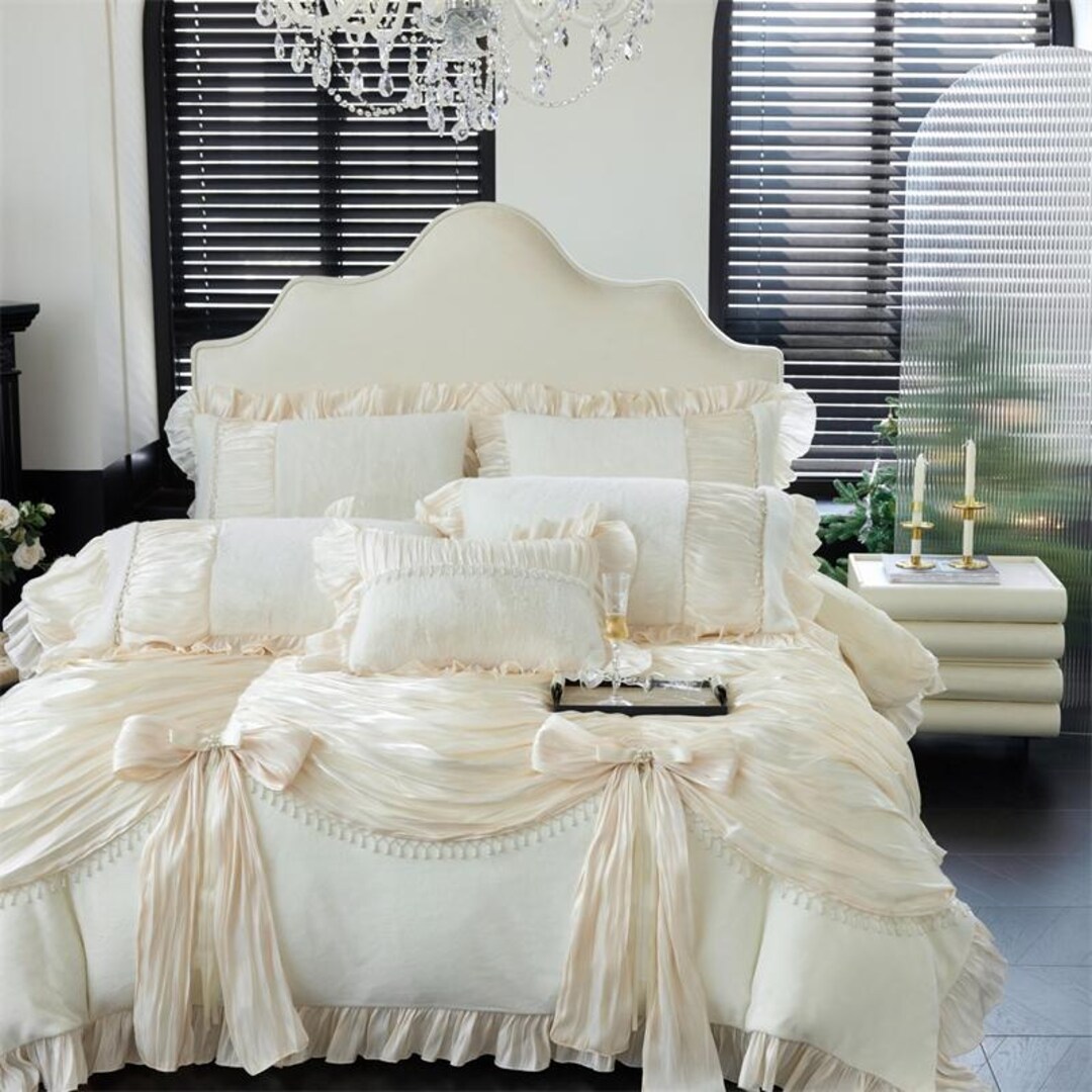 Luxury Ivory Bow Velvet Bedding Set A259 Elegant Draped Ruffle Duvet ...
