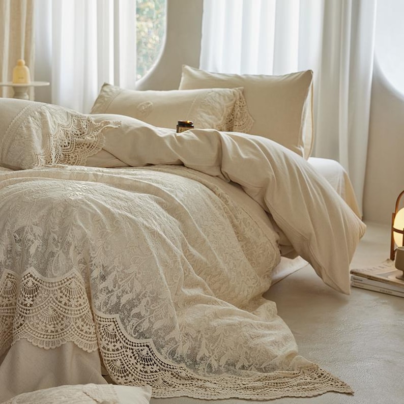 Lace Linen Duvet Cover Set: Cream A47 Vintage Embroidered Bedding - Etsy