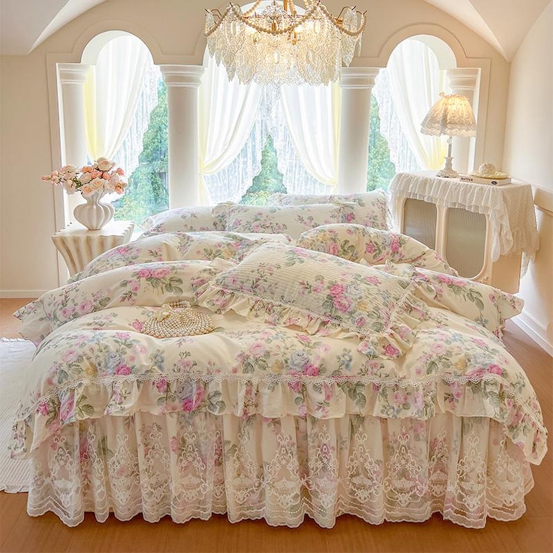 Shabby Chic Floral Cotton Bedskirt Bedding Set A85 Ruffled Pink Rose ...