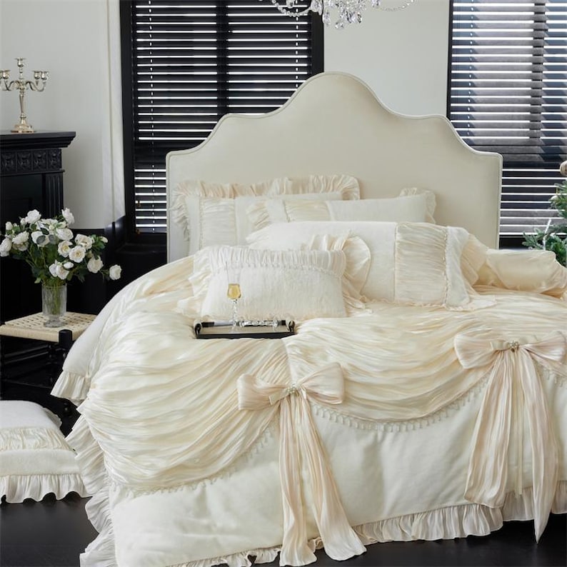 Luxury Ivory Bow Velvet Bedding Set A259 Elegant Draped Ruffle Duvet ...