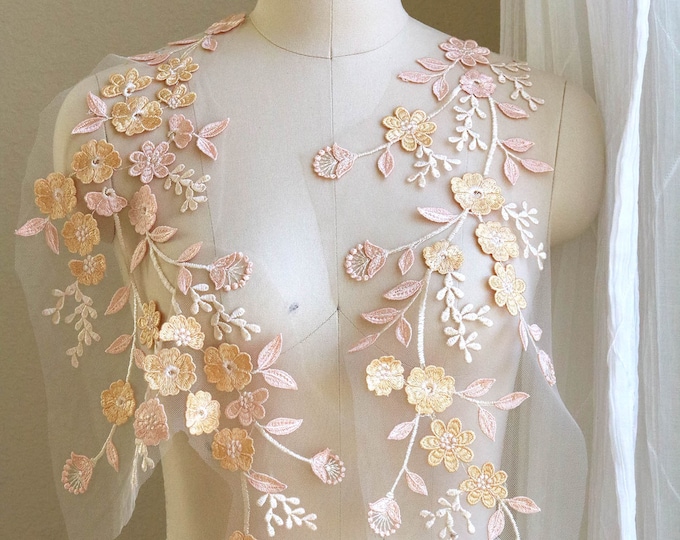 CHERRY BLOSSOM 3D Bodice Floral Design #3 Leaf Lace Applique, Peach ...