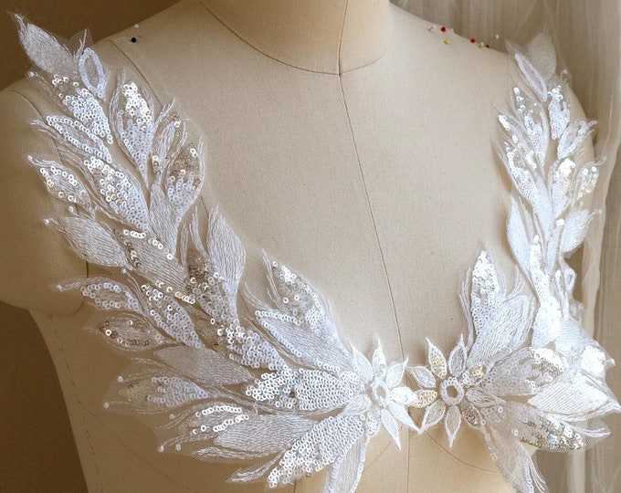SILVER WHITE Phoenix Wing Sequin Lace Applique for Garments, Dancing ...