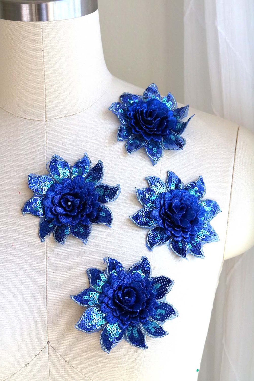 ROYAL BLUE TEAL 3D Sequin Flower Lace Applique, Single Flower Lace ...
