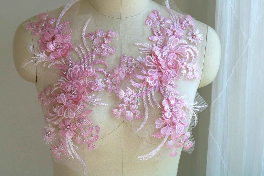 A158-h Pink Lace Applique Pearl Beaded 3D Lace Applique Pink - Etsy