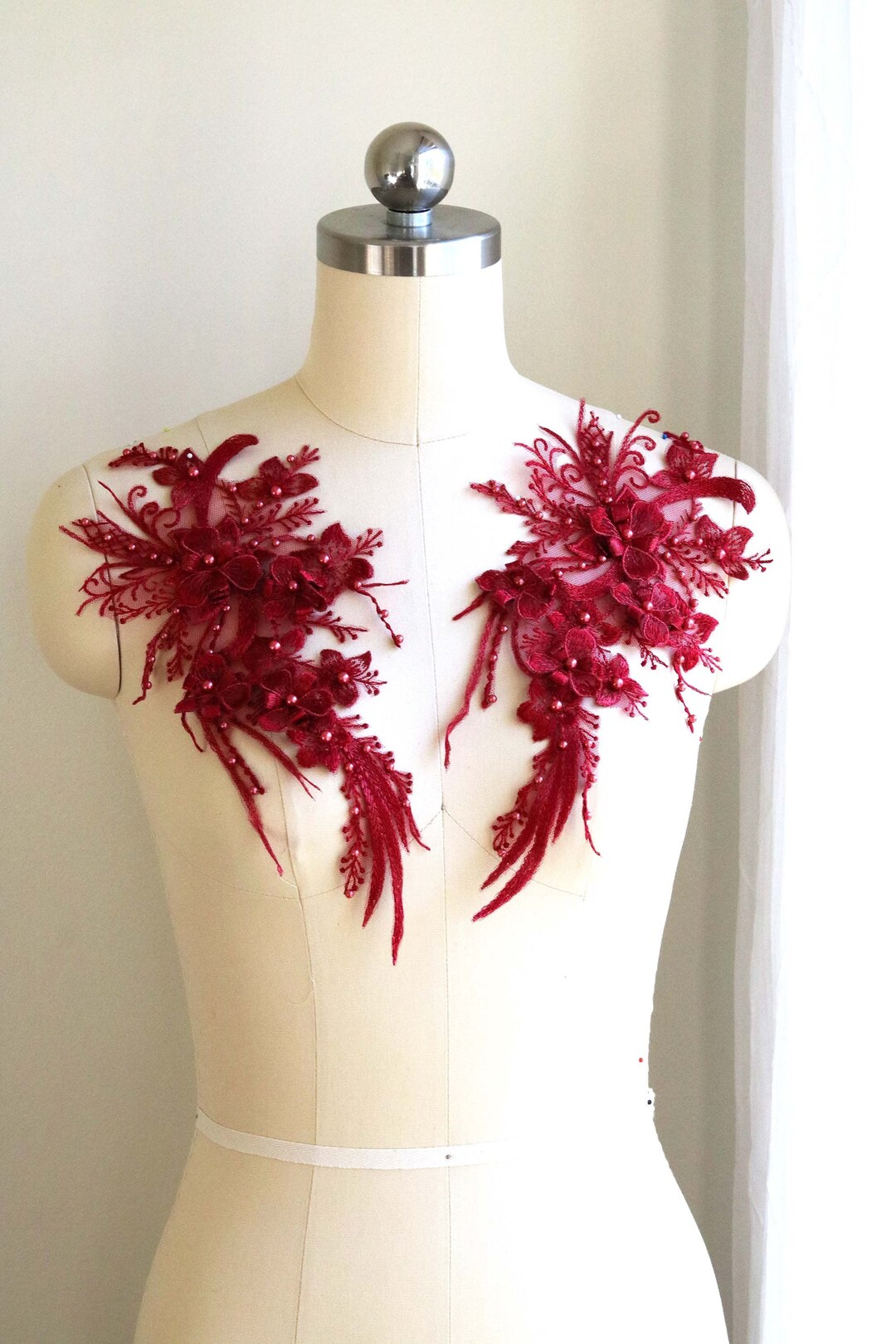 BURGUNDY Faux Peal Beaded 3D Flower Lace Applique for Bridal, Veil ...