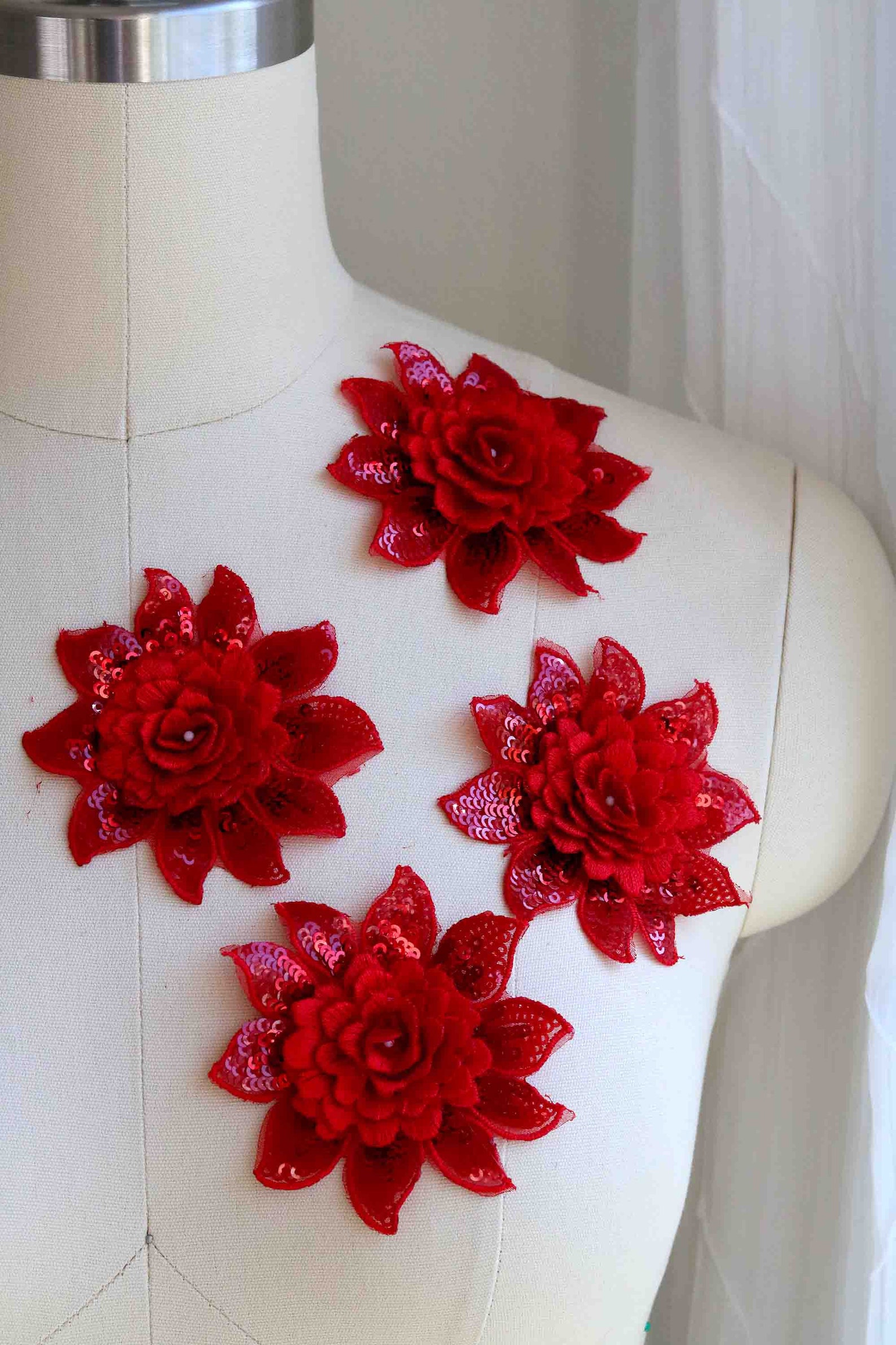 BRIGHT RED 3D Sequin Flower Lace, Single Flower Lace, Dancing Costume ...