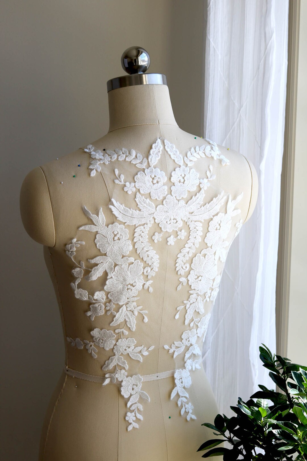 LIGHT IVORY Bodice Embroidered Cotton Lace Applique Floral With Leaves ...