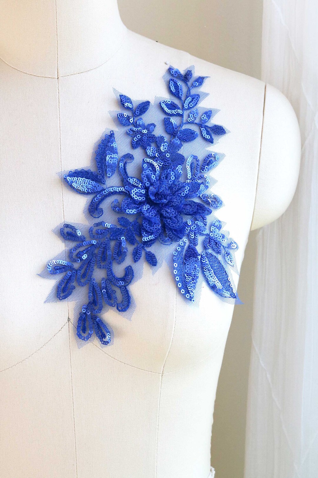 ROYAL BLUE 3D Lace Applique, Flower With Shiny Sequin for Evening Gown ...