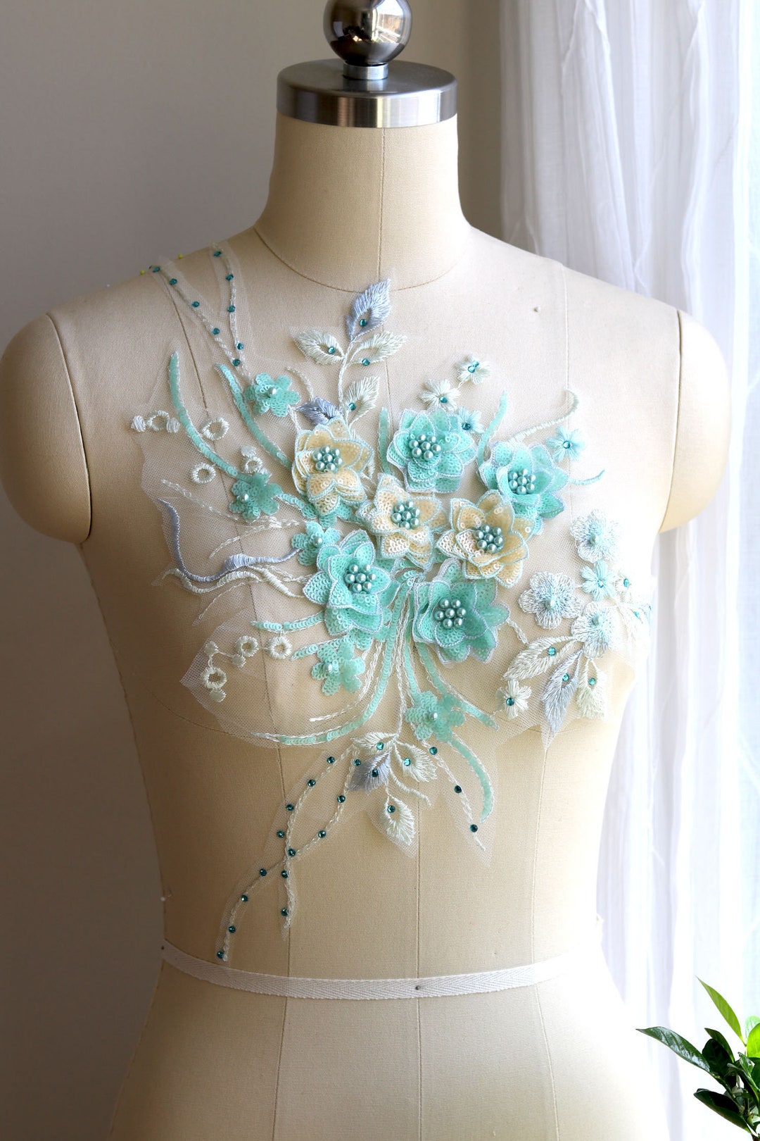 MINT GREEN 3D Costume Lace Applique With Pearls and Beads for Dancing ...