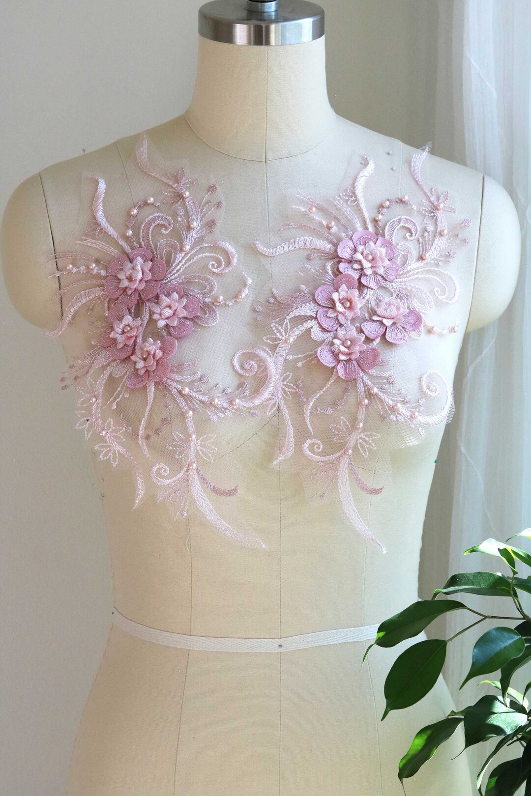 PINK, Silver Cherry Blossom 3D Pearl Beaded Embroidered Floral Lace ...