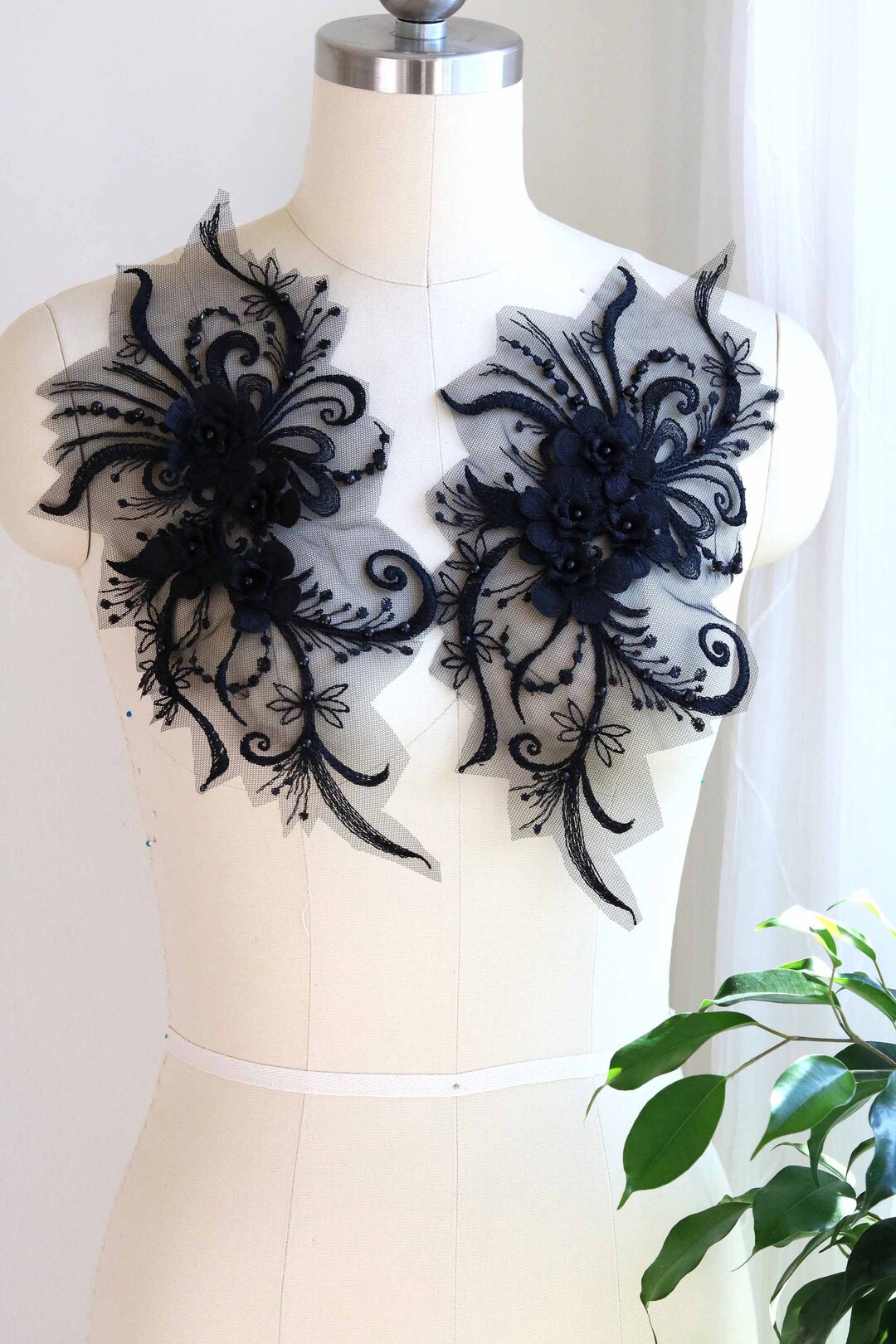 BLACK 3D Pearl Beaded Embroidered Floral Lace Applique for Garments ...