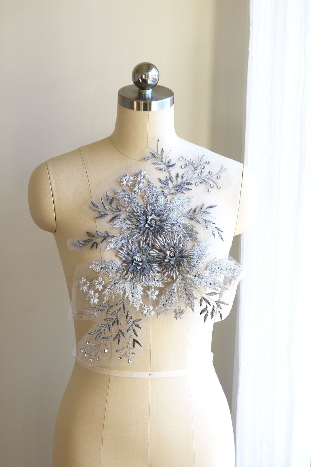 SILVER GRAY 3D Beaded Lace Patch Applique With Leaves, Flowers, and ...