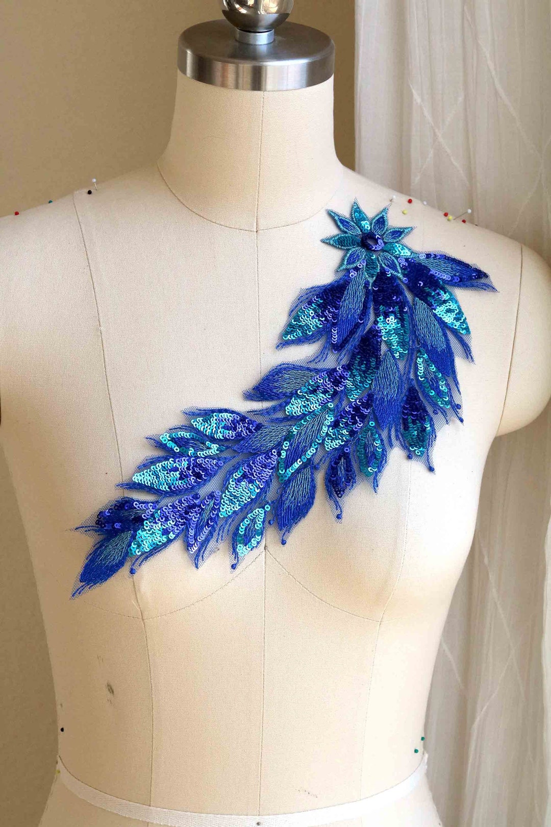 ROYAL BLUE Phoenix Wing Sequin Lace Applique for Garments, Teal Dancing ...