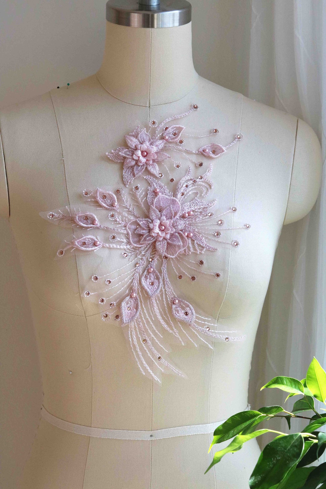 ROSE GOLD 3D Pearl Beaded Sparkling Lace Patch Applique for DIY Wedding ...