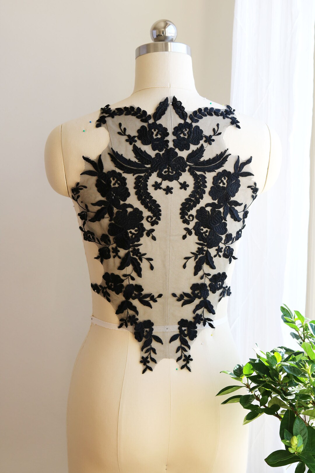 BLACK Bodice Embroidered Cotton Lace Applique Floral With Leaves Design ...