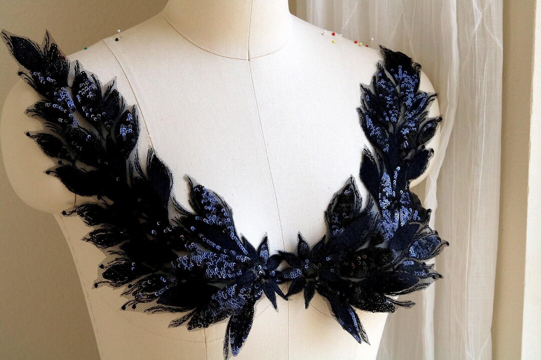 BLACK Phoenix Wing Sequin Lace Applique for Garments, Dancing Costume ...
