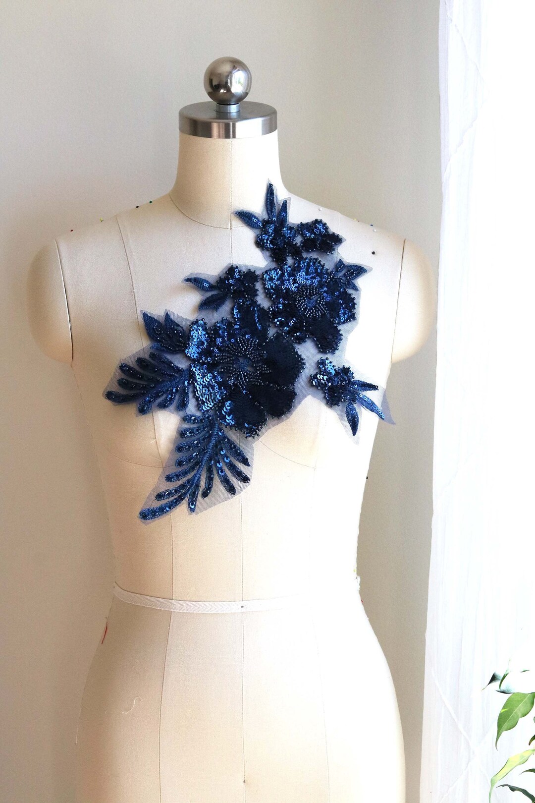 A199-b Navy Blue Beaded Lace Applique, Large Heavy Beaded Lace Applique, Sequin Lace Applique ...