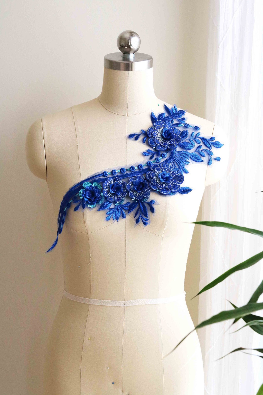 ROYAL BLUE Sew on Lace Patch Applique, 3D Embroidered Flower Wave for Dancing Costume, Ballroom ...