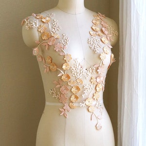 CHERRY BLOSSOM 3D Bodice Floral Design 2 Leaf Lace Applique, Peach ...