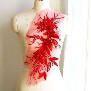 A089-e Bright Red 3D Beaded Lace Applique With Pearl for - Etsy