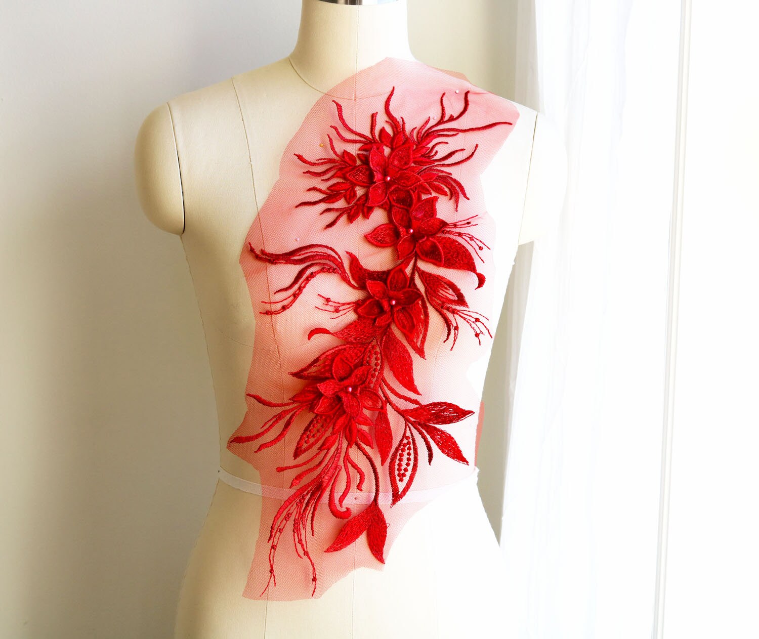 A089-e Bright Red 3D Beaded Lace Applique With Pearl for - Etsy