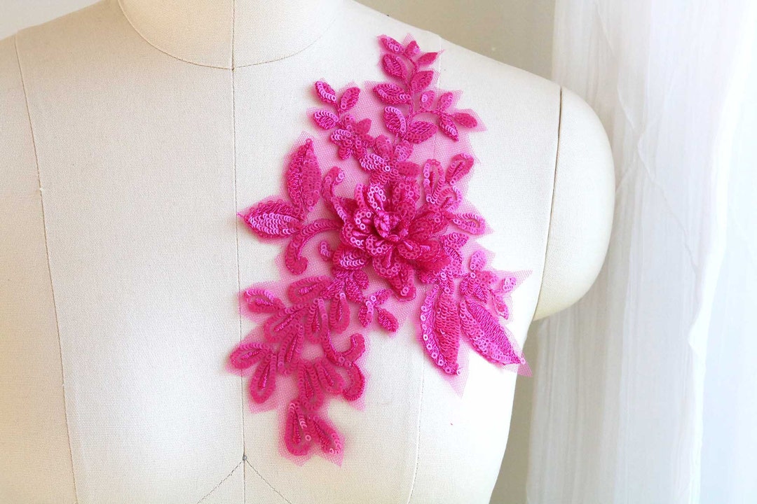 HOT PINK 3D Flower Lace Applique, Pink Sequin With Fuscia Flower for ...