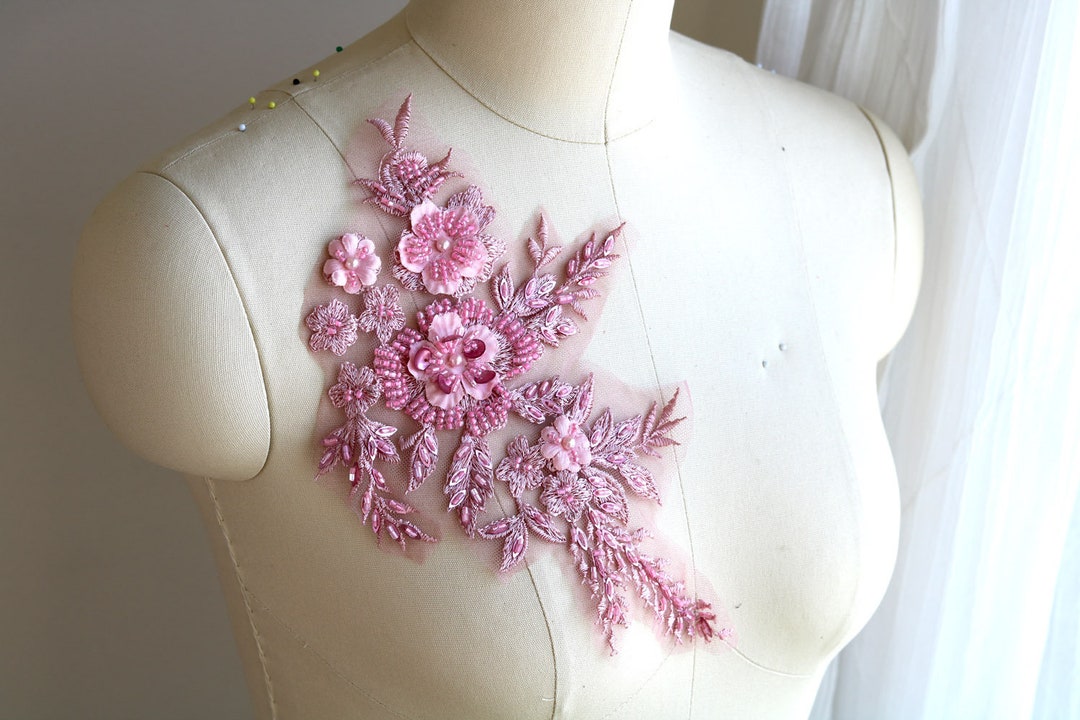 ROSE GOLD 3D Hand Beaded Lace Applique for Lyrical Dancing Costume ...