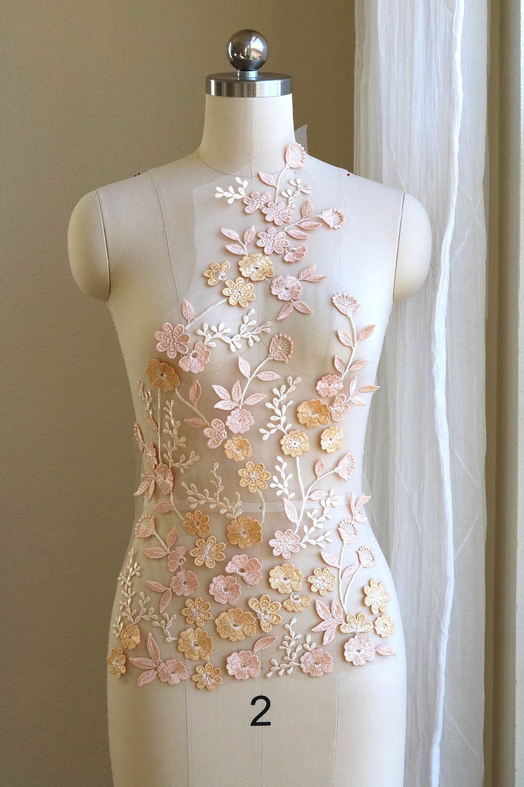 CHERRY BLOSSOM 3D Bodice Floral Design 4 Leaf Lace Applique, Peach ...