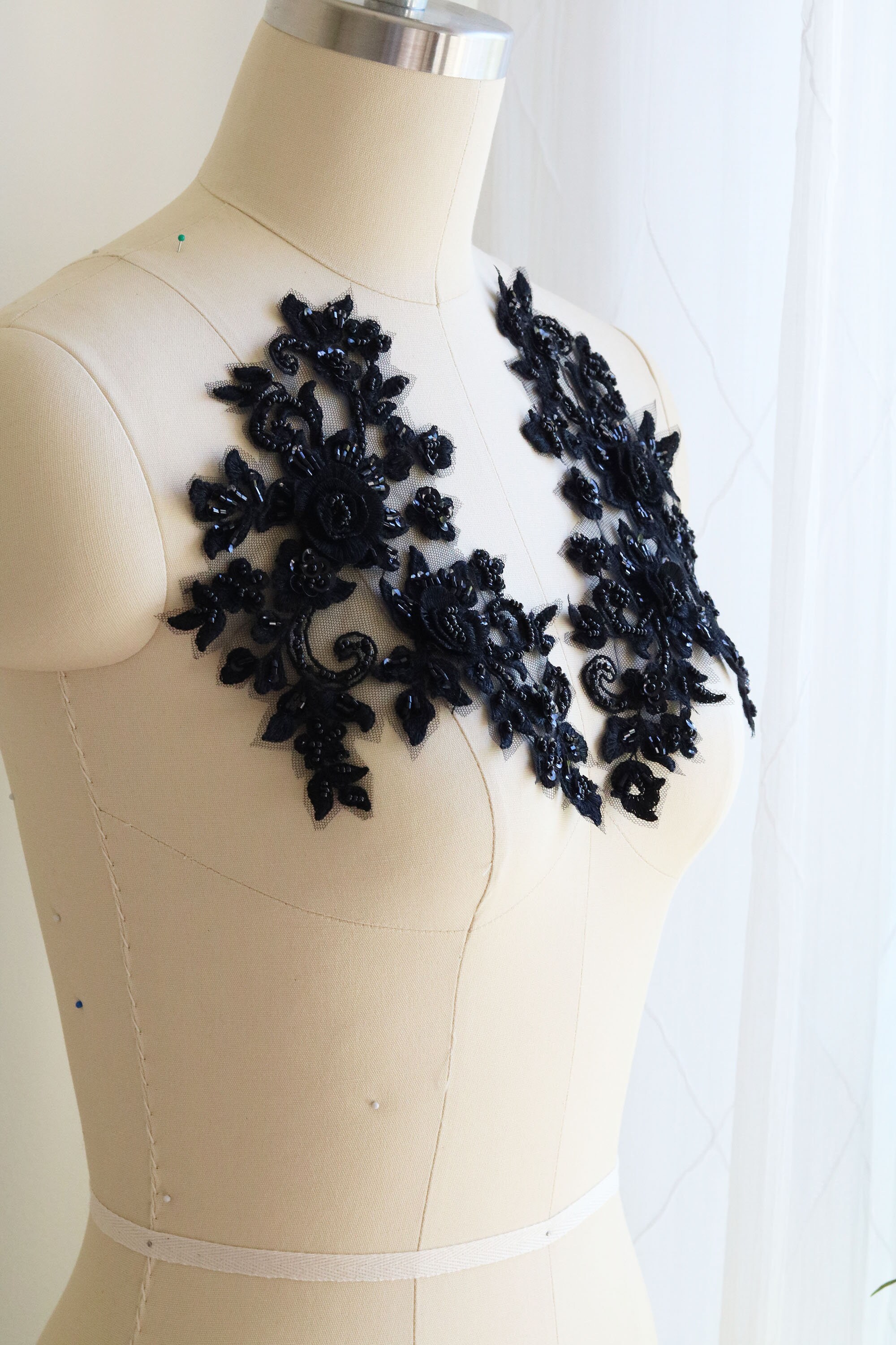 A140-i Handmade Black Beaded Lace Appliqué 3D Lace Applique | Etsy