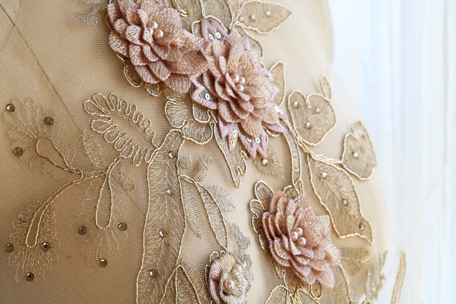 A180-c Rose Gold Champagne Lace Applique Large Lace Applique | Etsy