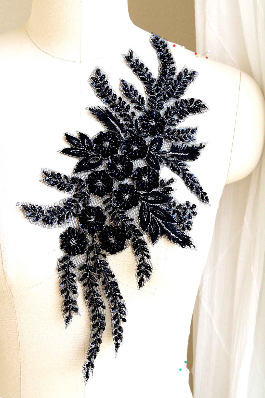 BLACK & SILVER Heavy Beaded Costume Lace Applique Patch With Sequins ...