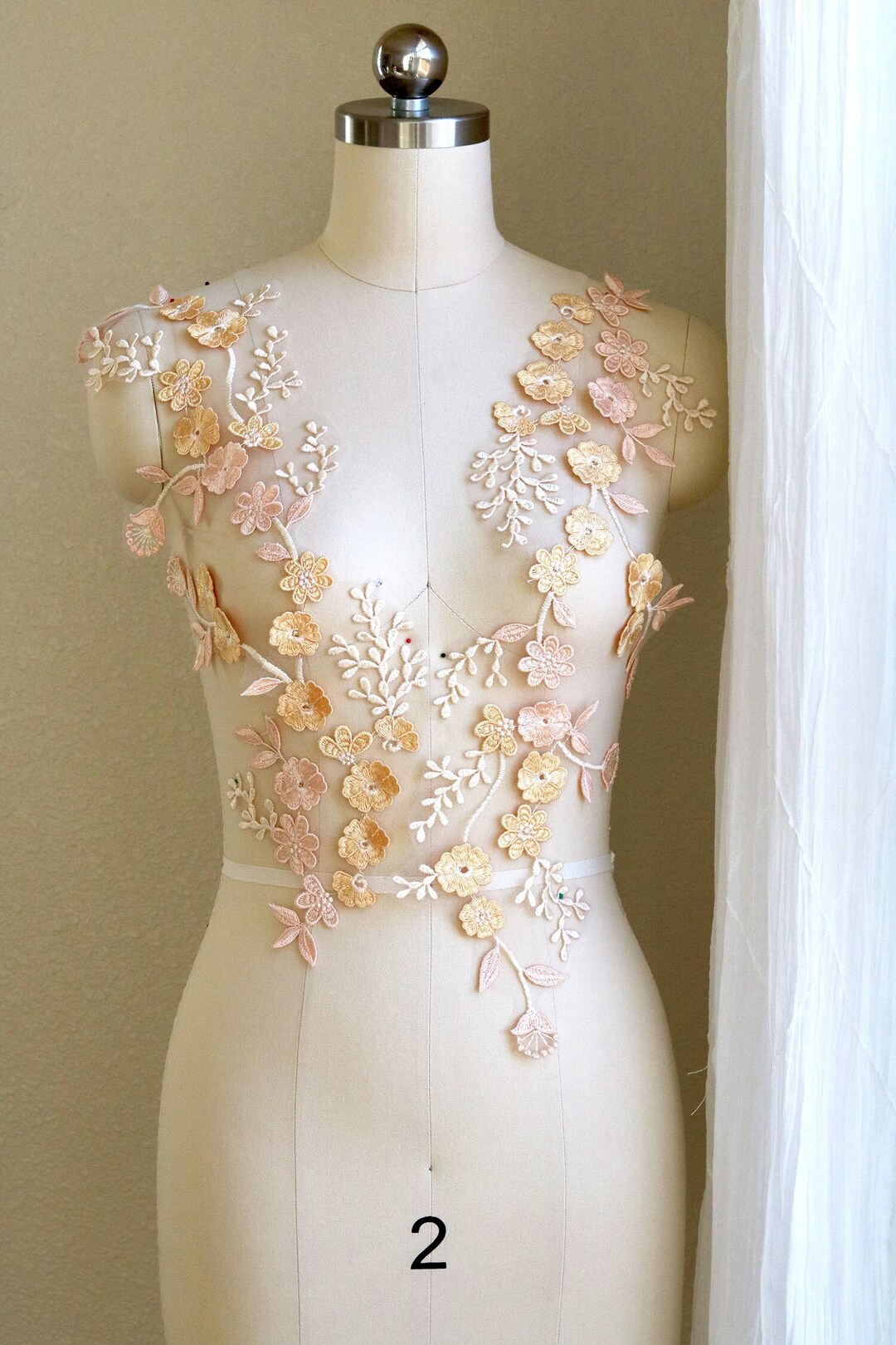 CHERRY BLOSSOM 3D Bodice Floral Design 2 Leaf Lace Applique, Peach ...