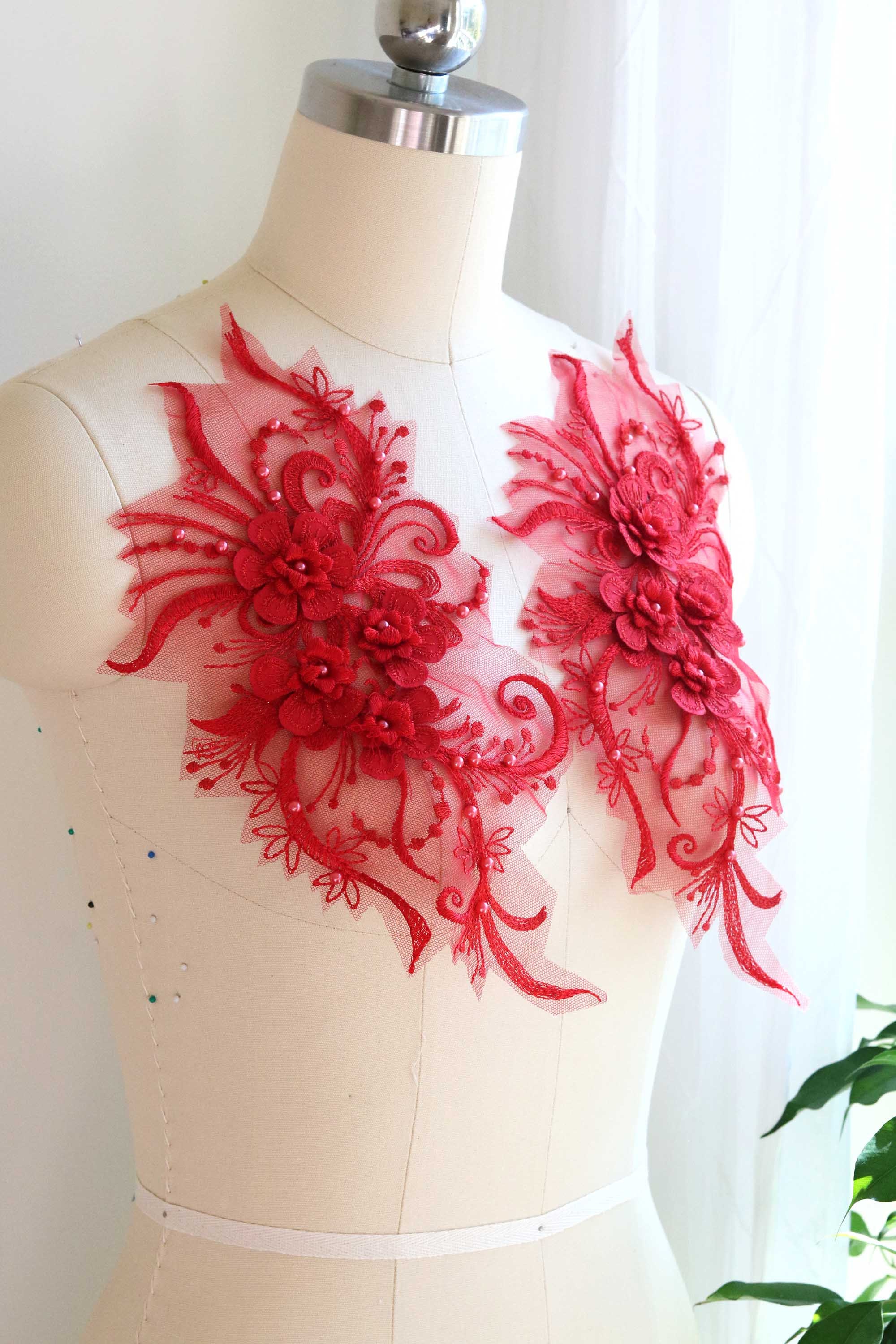A168-d Bright Red Lace Applique Pearl Beaded 3D Lace | Etsy