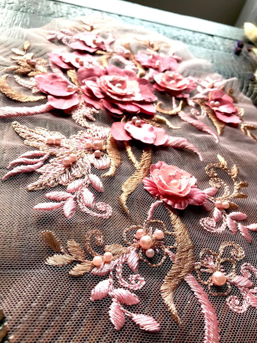 ROSE GOLD 3D Floral Embroidery Sew on Patch Lace Applique With Beaded ...