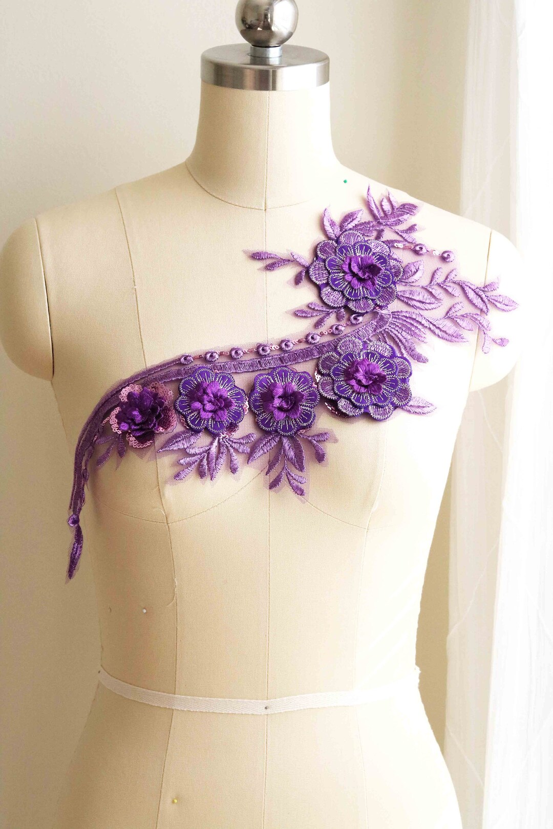 PURPLE Sew on Lace Patch Applique, 3D Embroidered Flower Wave for Dancing Costume, Ballroom Gown ...
