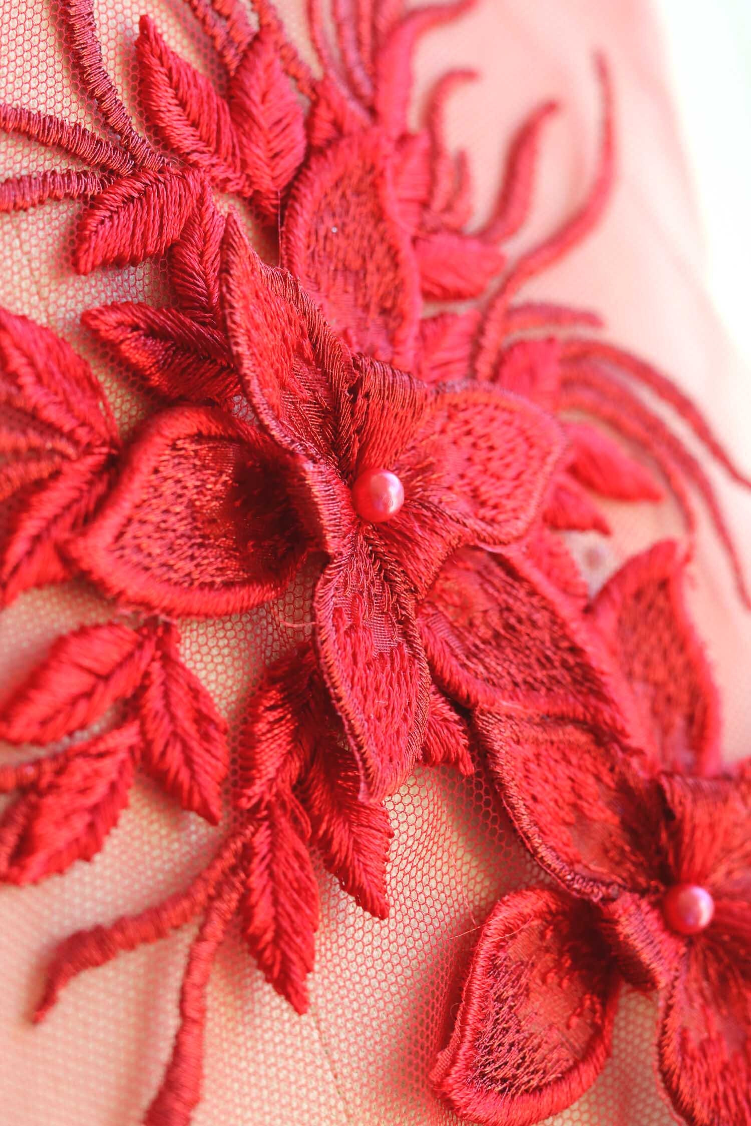 A089-e Bright Red 3D Beaded Lace Applique With Pearl for - Etsy