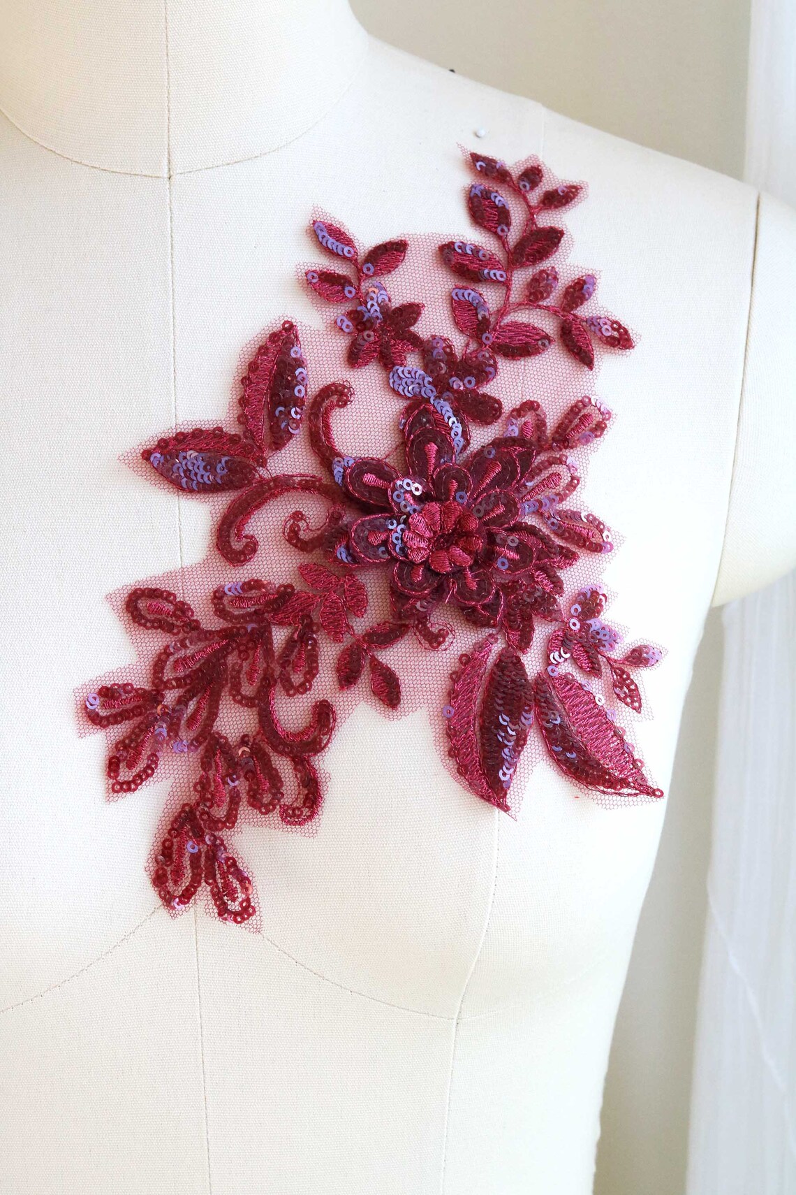 A175-h Burgundy Lace Applique Sequin Lace Applique 3D Lace | Etsy